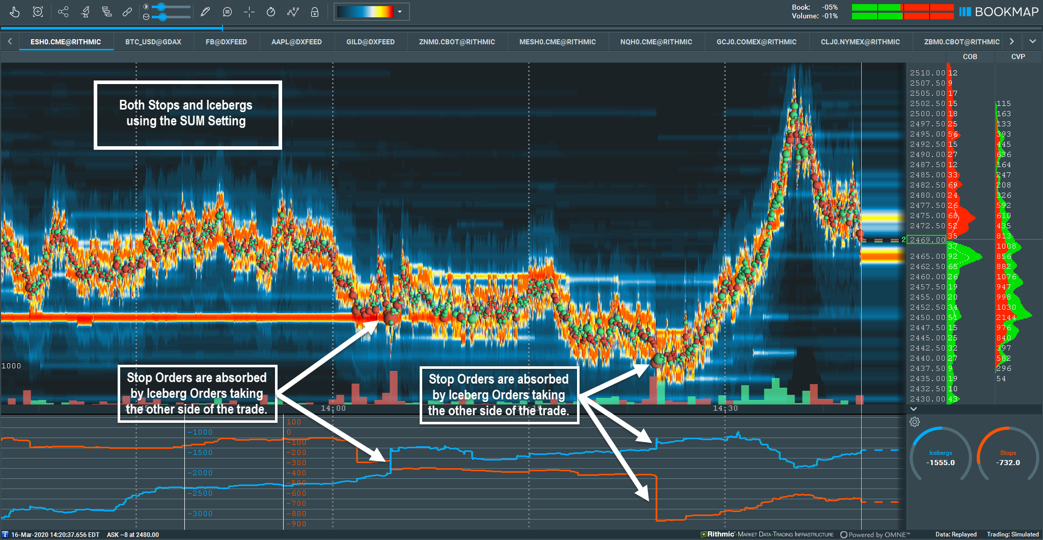 Bookmap's Stops & Icebergs Sub-Chart with MBO Data