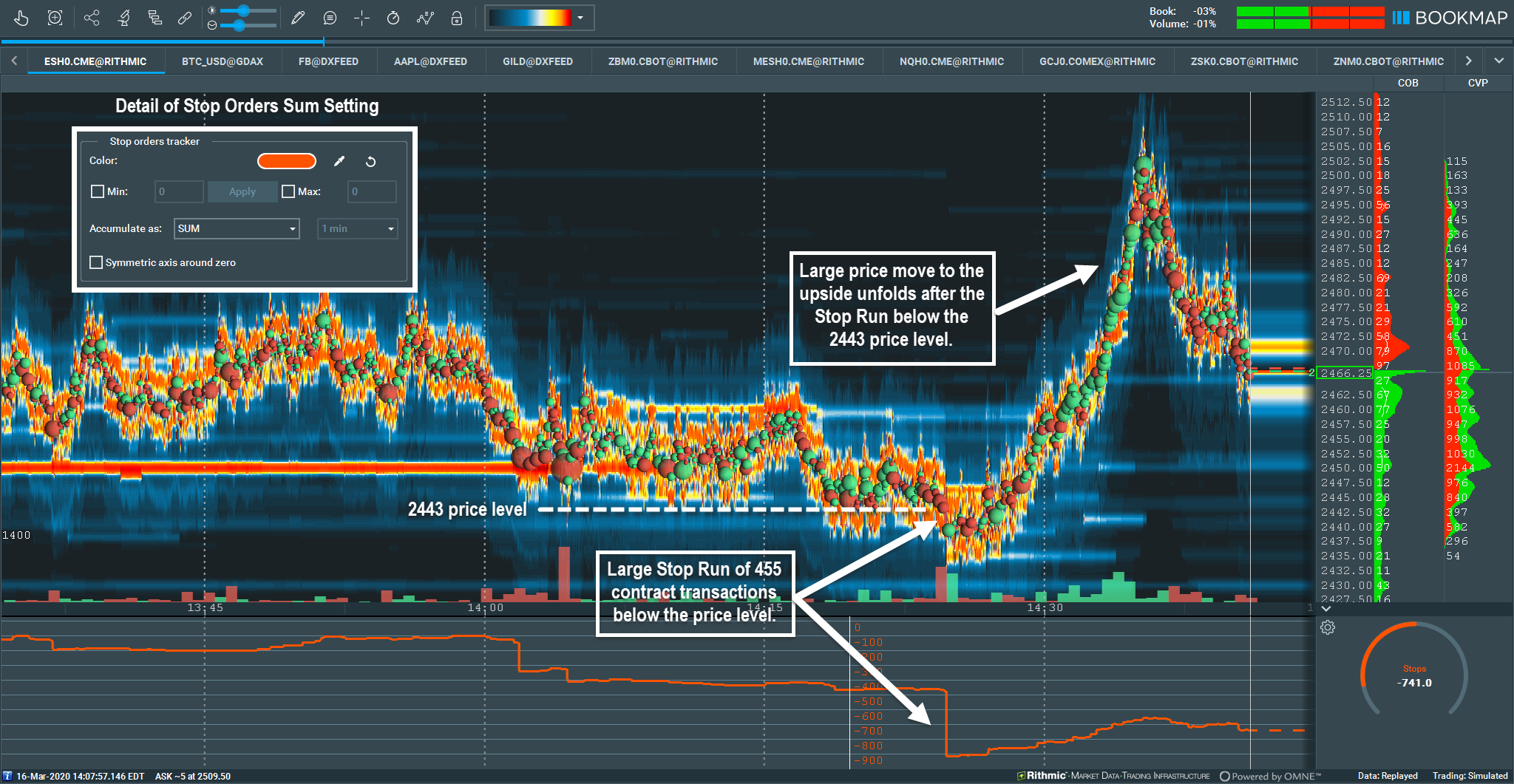 Bookmap's Stops & Icebergs Sub-Chart with MBO Data